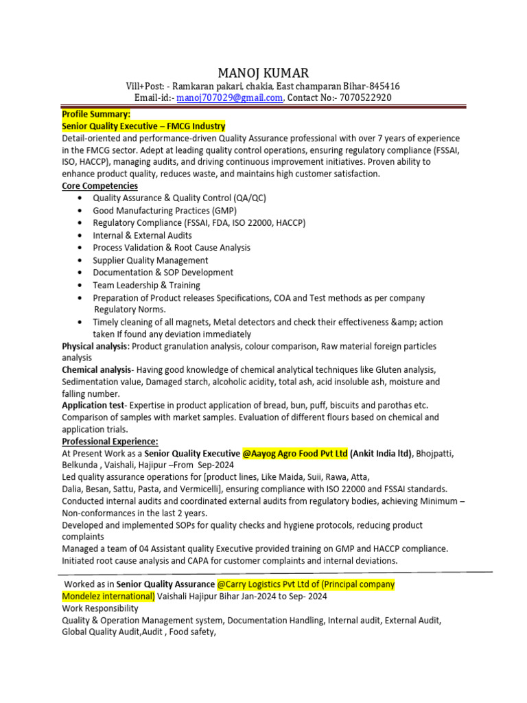 Manoj Kumar Updated CV (1) - 2 | PDF | Audit | Quality Assurance