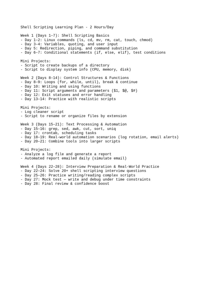 Shell Scripting Learning Plan 2hrs | PDF