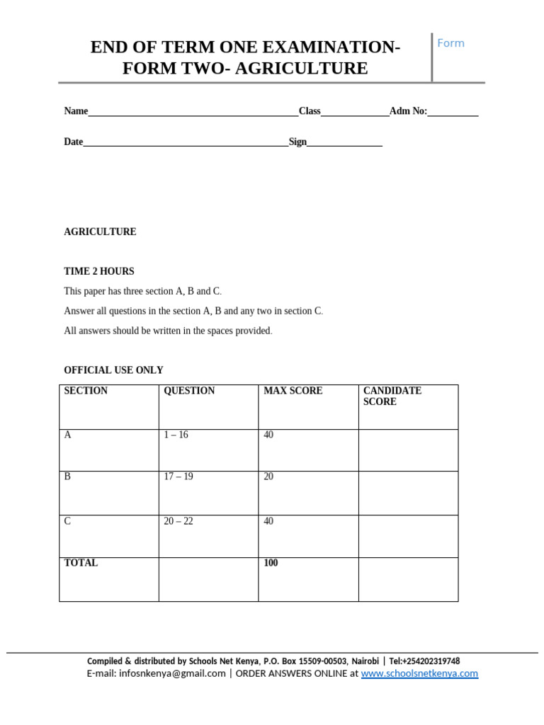 Form Two Agriculture Exam Paper | PDF | Fertilizer | Manure
