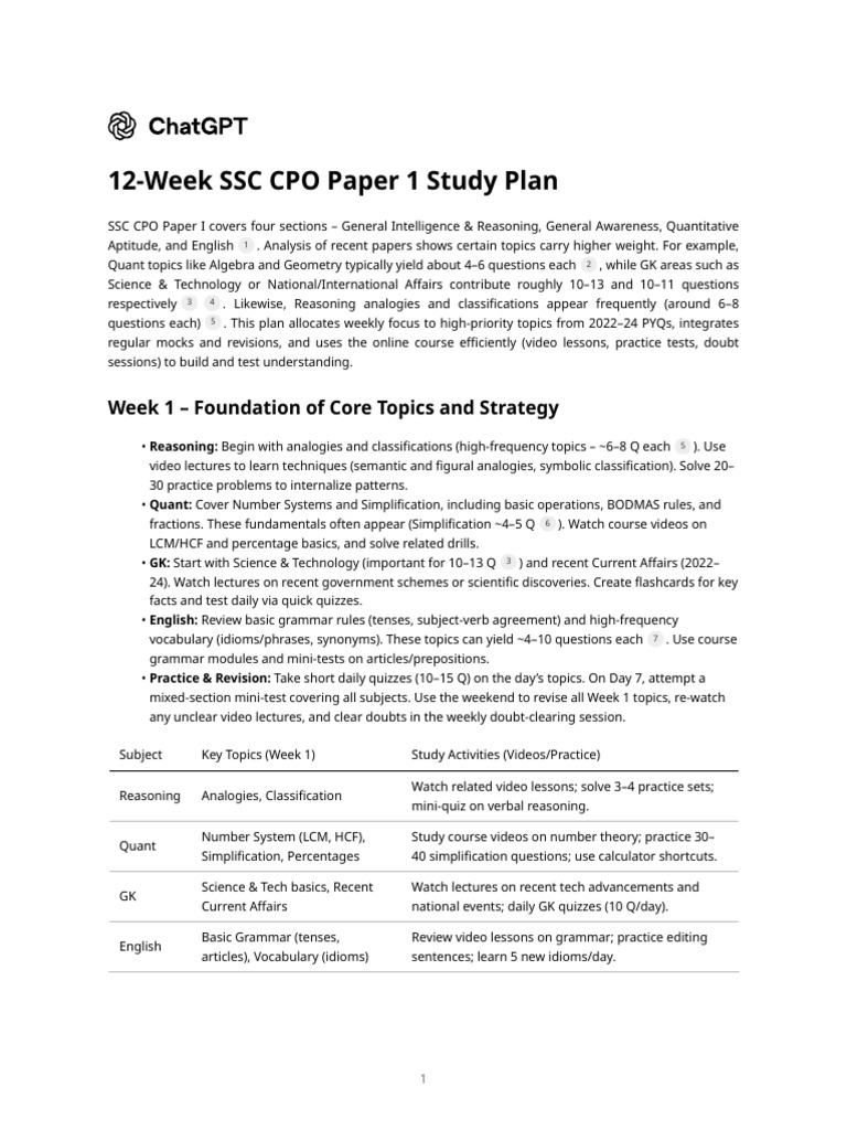 12-Week SSC CPO Paper 1 Study Plan | PDF | Algebra | Numbers