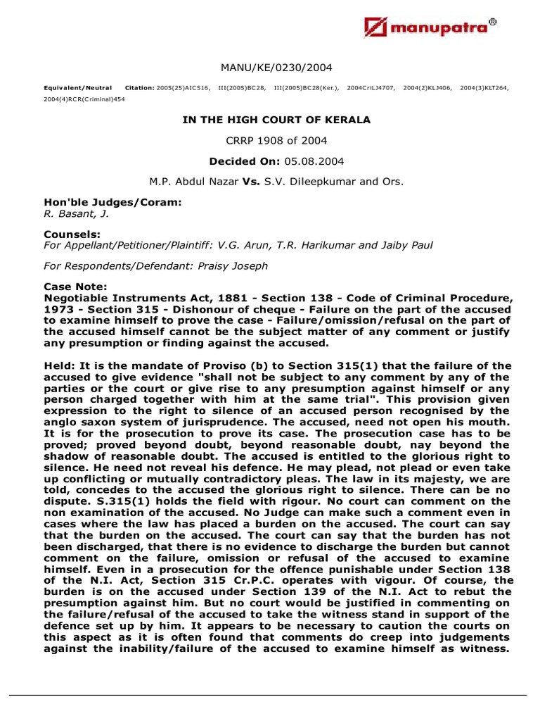 17, 267, 271, 273, 274,278 Abdul Nazar v. Dileep Kumar, 2004 CriLJ 4707 (Ker) | PDF | Right To ...