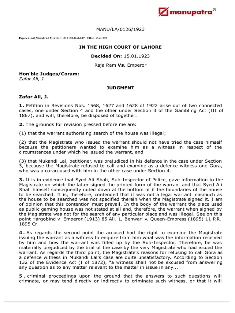 236 Raja Ram v. Emperor, AIR 1924 Lah 247 | PDF | Search Warrant | Witness