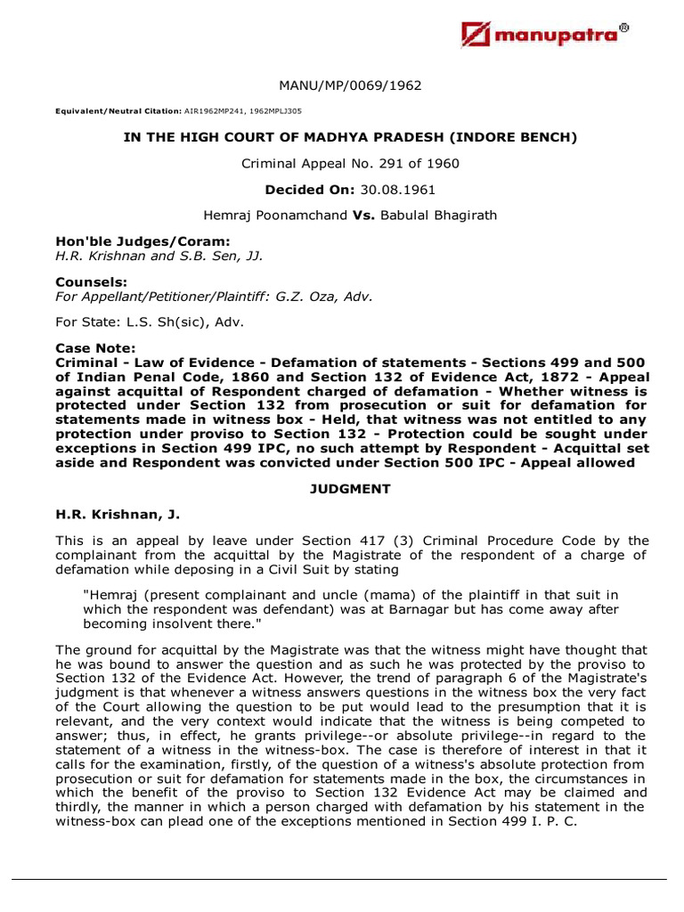 263 Hemraj Poonam Chand v. Babulal Bhagirath, AIR 1962 MP 241 | PDF ...