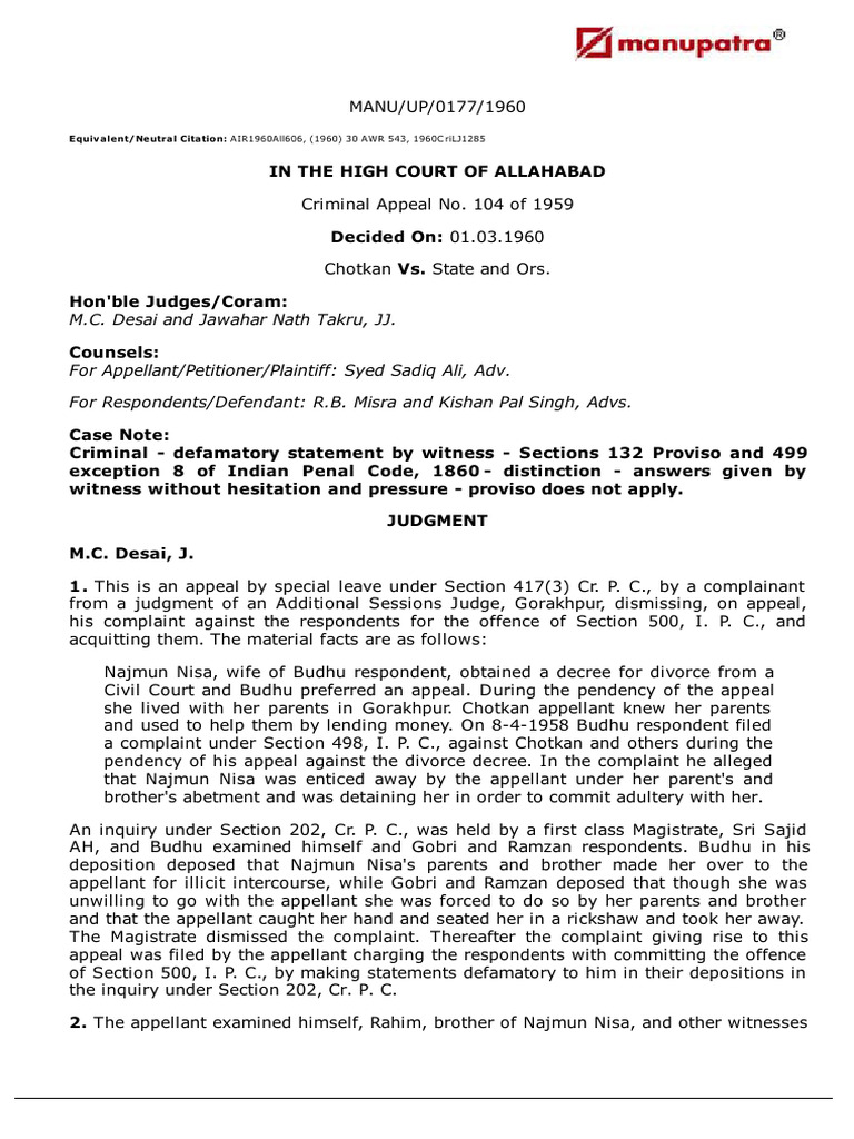 263 Chotkan v. State, AIR 1960 All 606 | PDF | Defamation | Self ...
