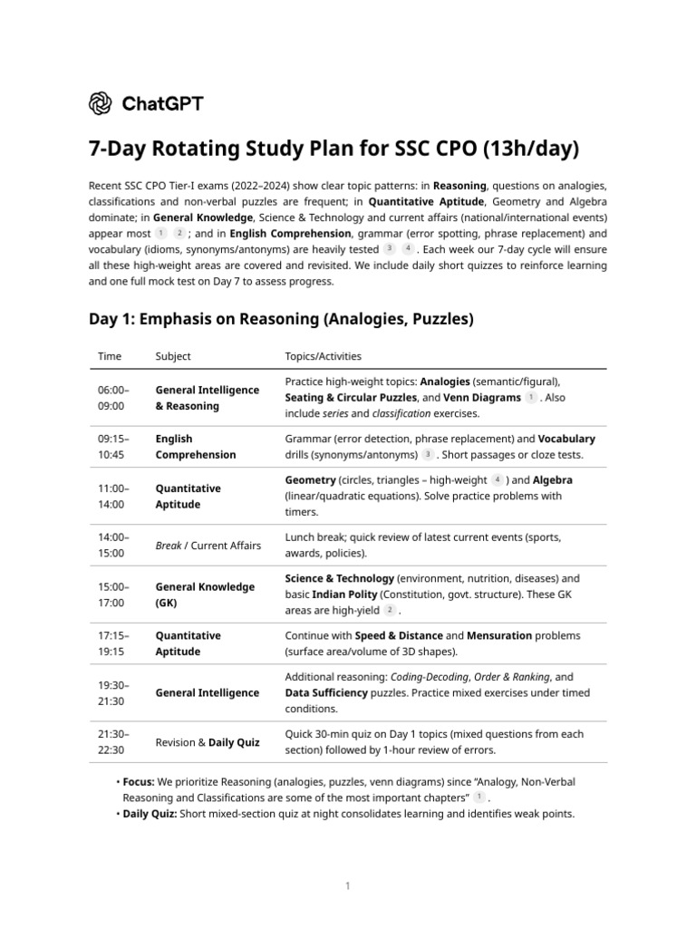 7-Day Rotating Study Plan For SSC CPO (13h - Day) | PDF | Algebra | Numbers