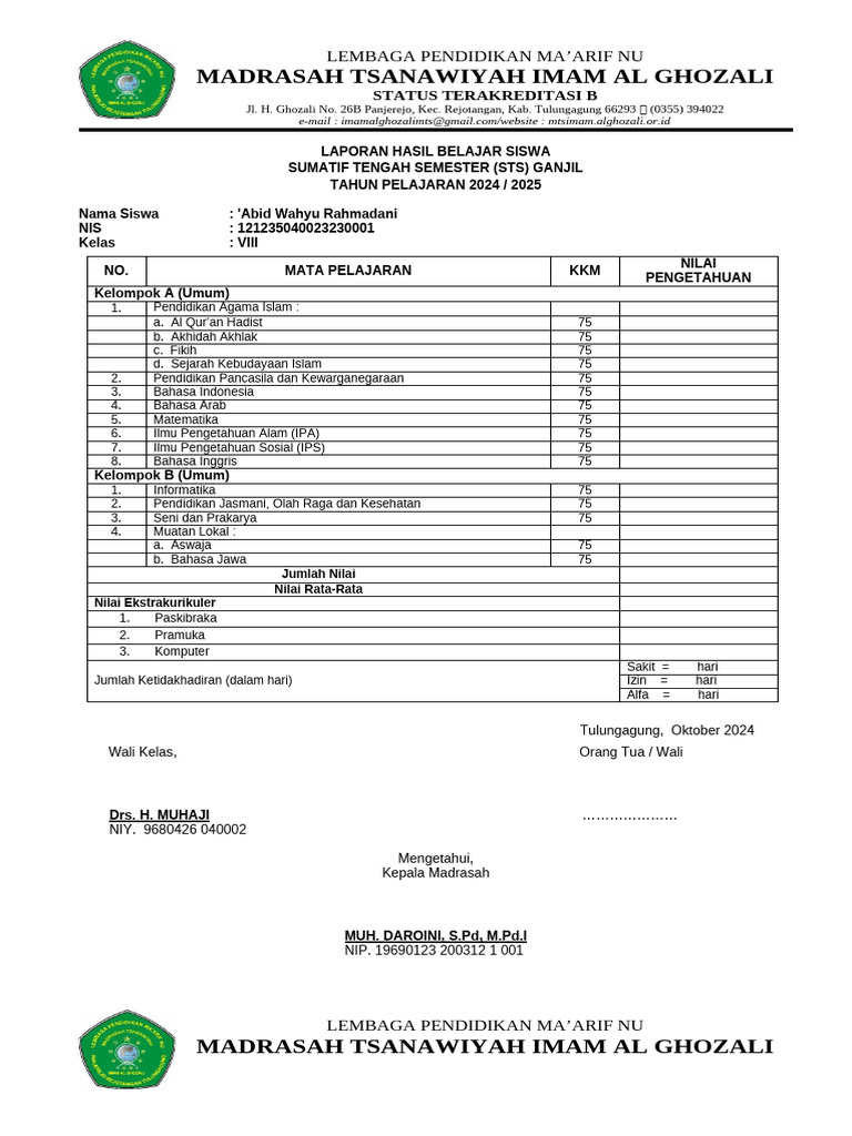 Rapot Sisipan Kelas 8 | PDF