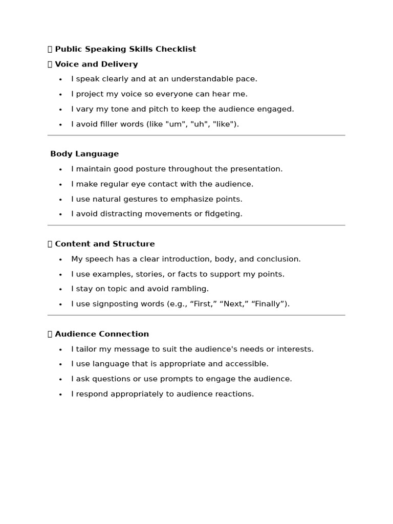 Public Speaking Skills Checklist | PDF
