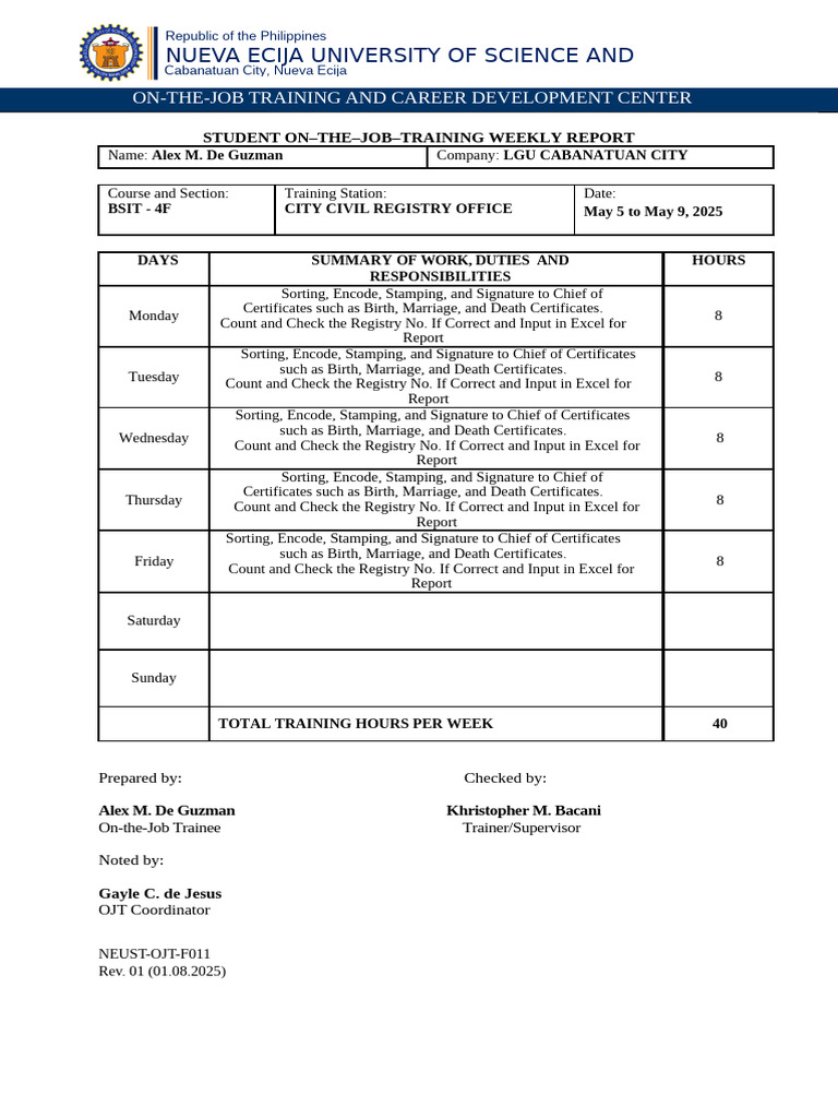 Weekly OJT Report for BSIT Student | PDF