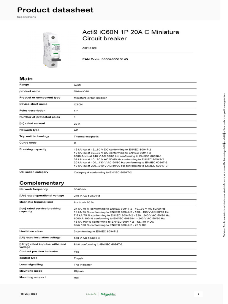Schneider Electric Miniature Circuit Breaker Acti9 IC60 A9F44120 | PDF ...