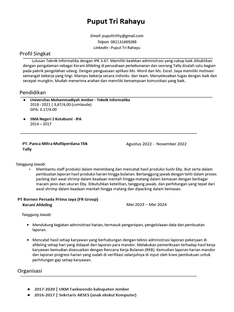 Puput Tri Rahayu - CV Neww | PDF