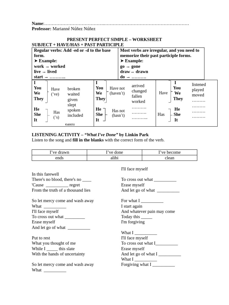 Present Perfect Simple Worksheet | PDF | Syntax | Language Mechanics