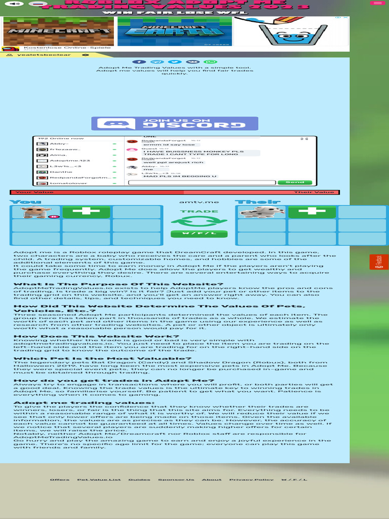 Roblox Adopt Me Trading Values 2023 - Win Fair Lose WFL | PDF