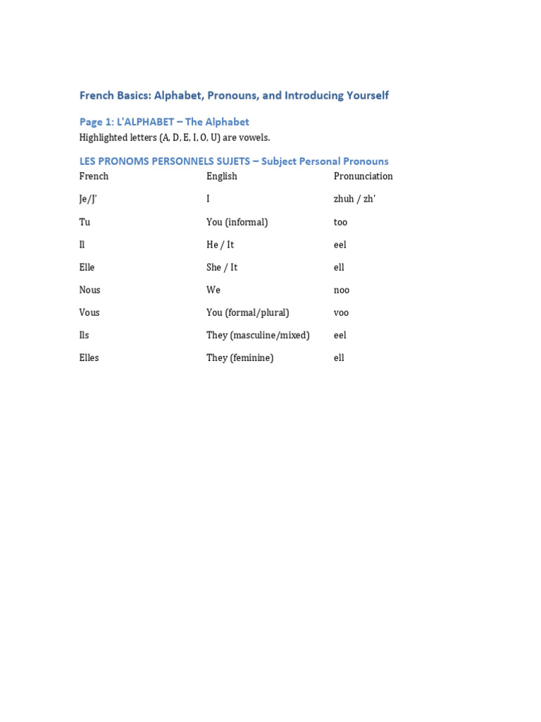 French Basics Alphabet Pronouns Introduction | PDF