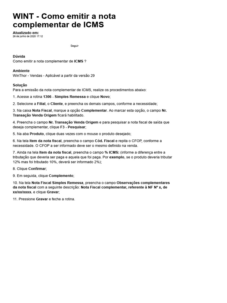 Emissão de Nota Complementar de ICMS | PDF