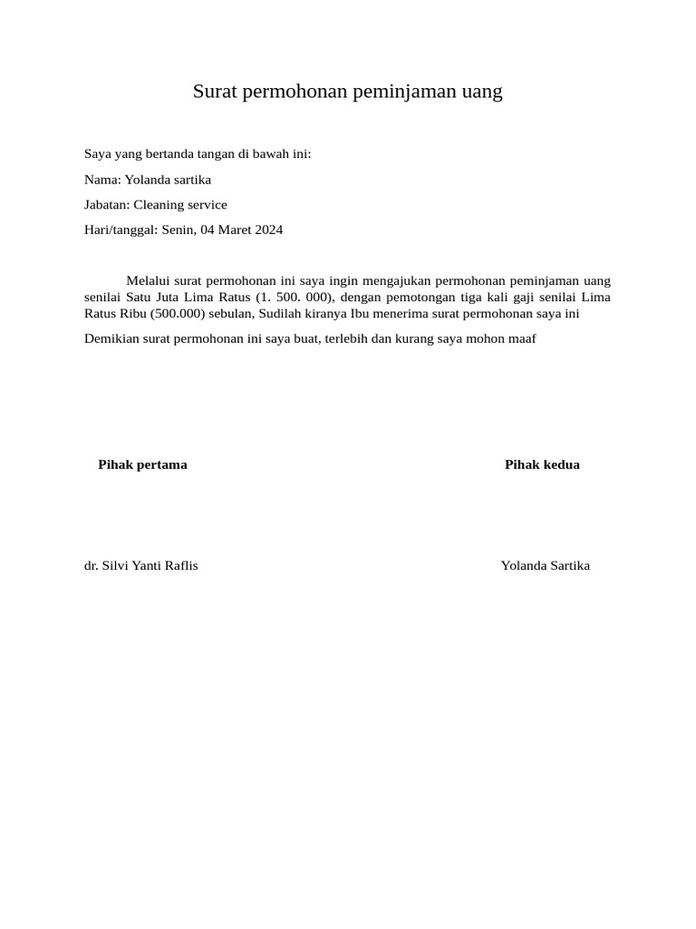 Surat Permohonan Peminjaman Uang Yola | PDF