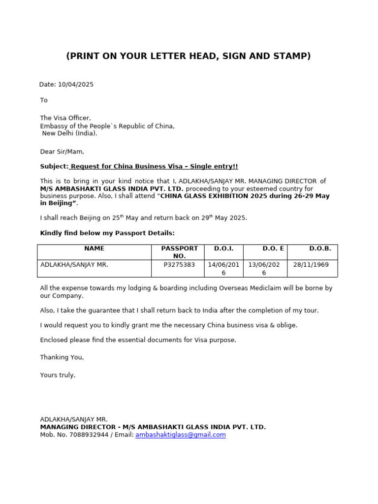 China Covering Letter Format - Del Business Copy | PDF | Travel Visa ...