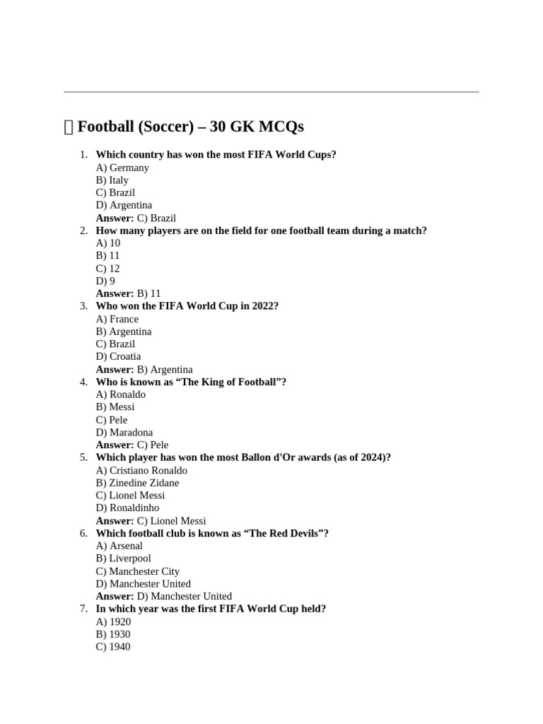 30 GK MCQs on Football | PDF | Lionel Messi | Association Football