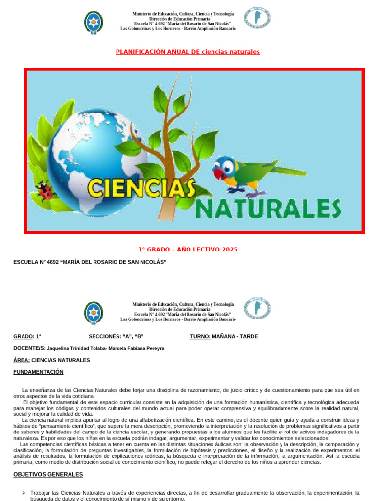 Planificación - Anual Ciencias Naturales-1 Grado-2025 | PDF | Educación ...