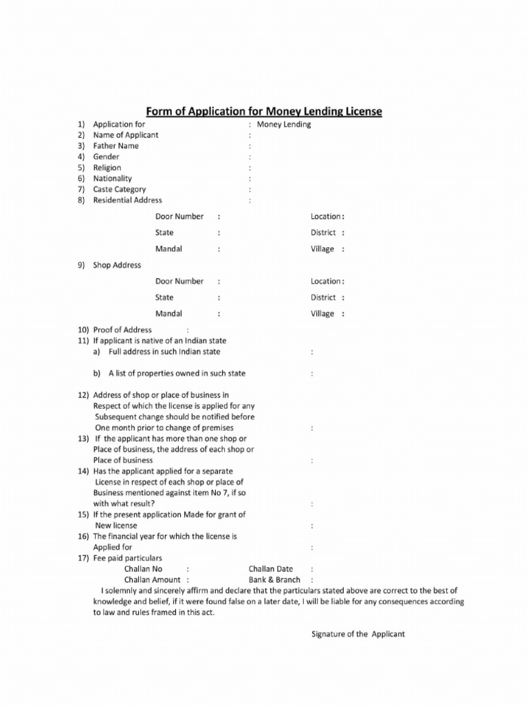 Money Lending License Form | PDF