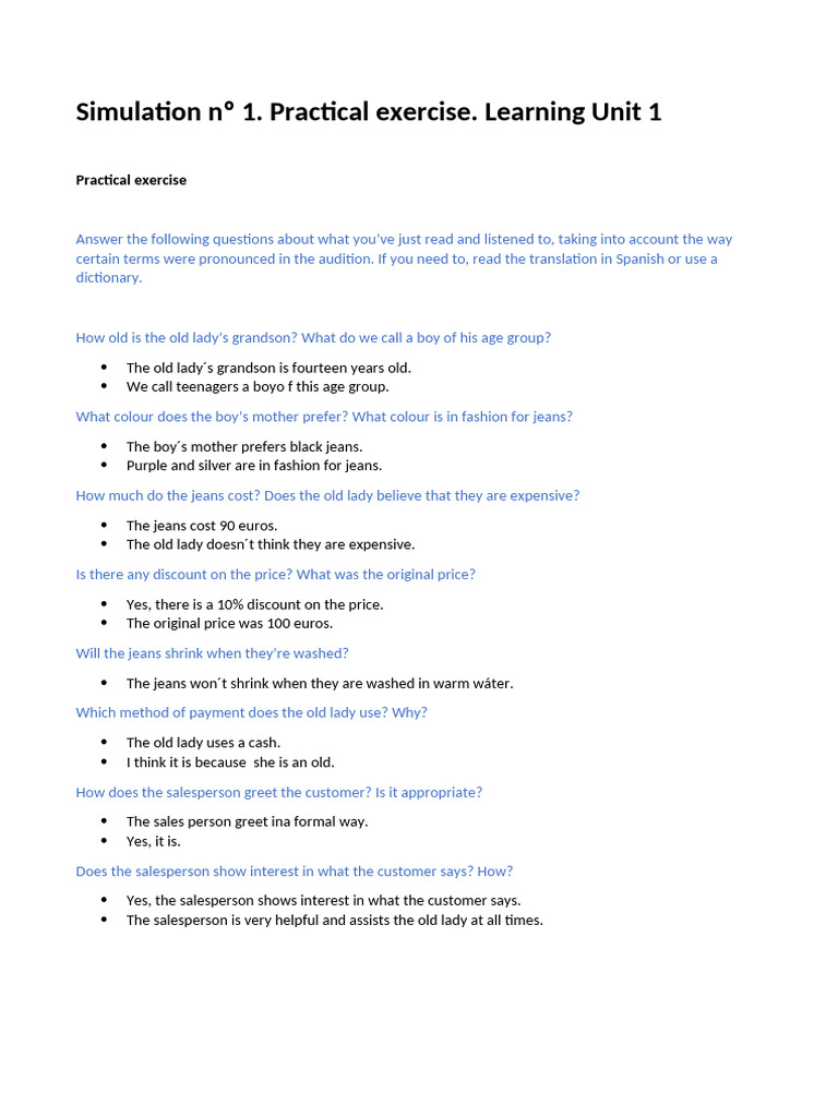 Simulation #1. Practical Exercise. Learning Unit 1 | PDF