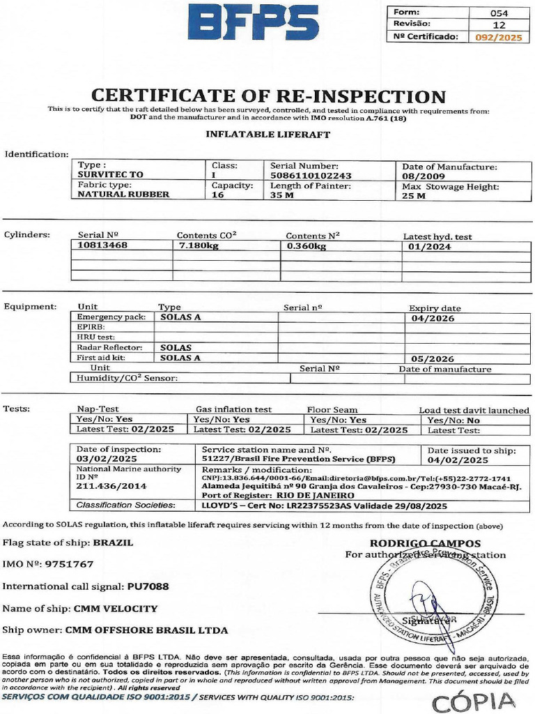 06.13 Liferaft Annual Inspection Balsa Salva-Vidas Inspe o Anual 02-02-2026 Velocity | PDF
