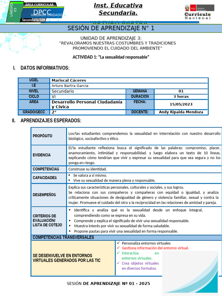 2º DPCC - Ses 1 Uni 3 - Sem 01 | PDF | Aprendizaje | La sexualidad humana