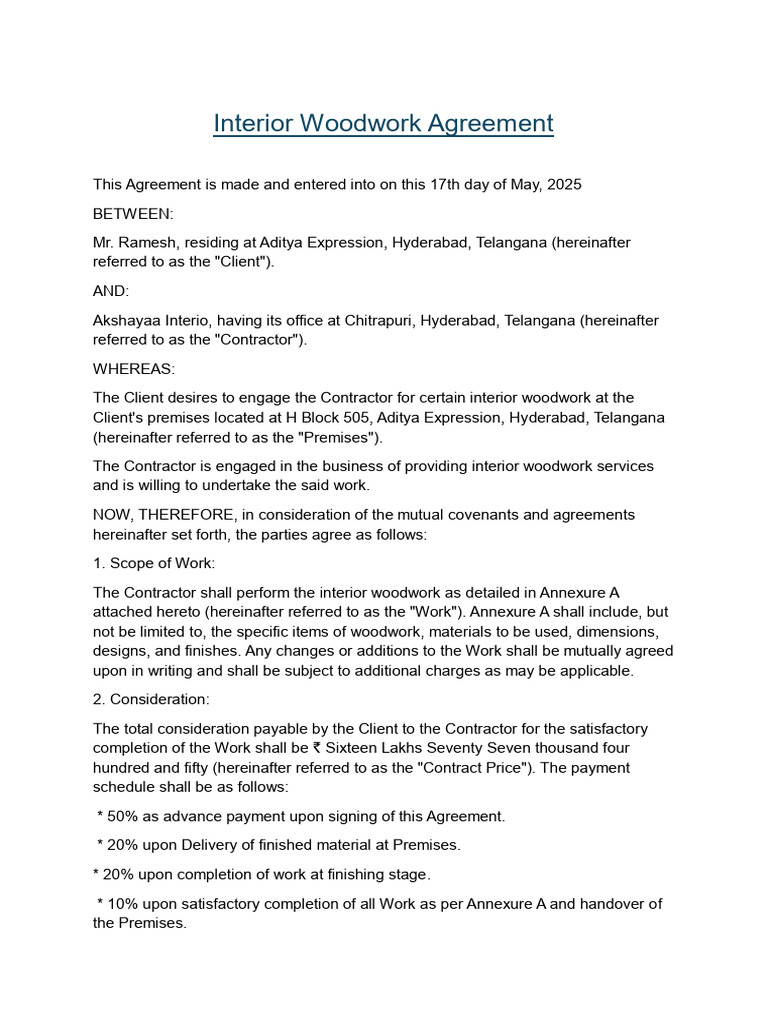 Interior Woodwork Agreement | PDF | Breach Of Contract | Cabinetry