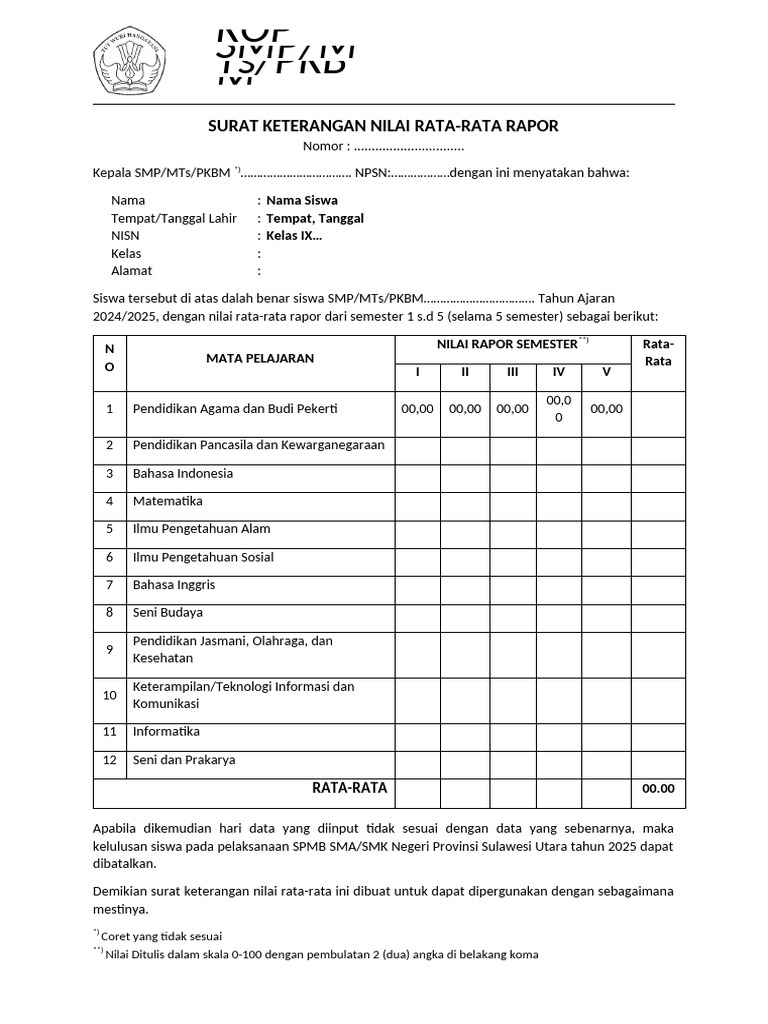 Surat Keterangan Rata-Rata Raport | PDF