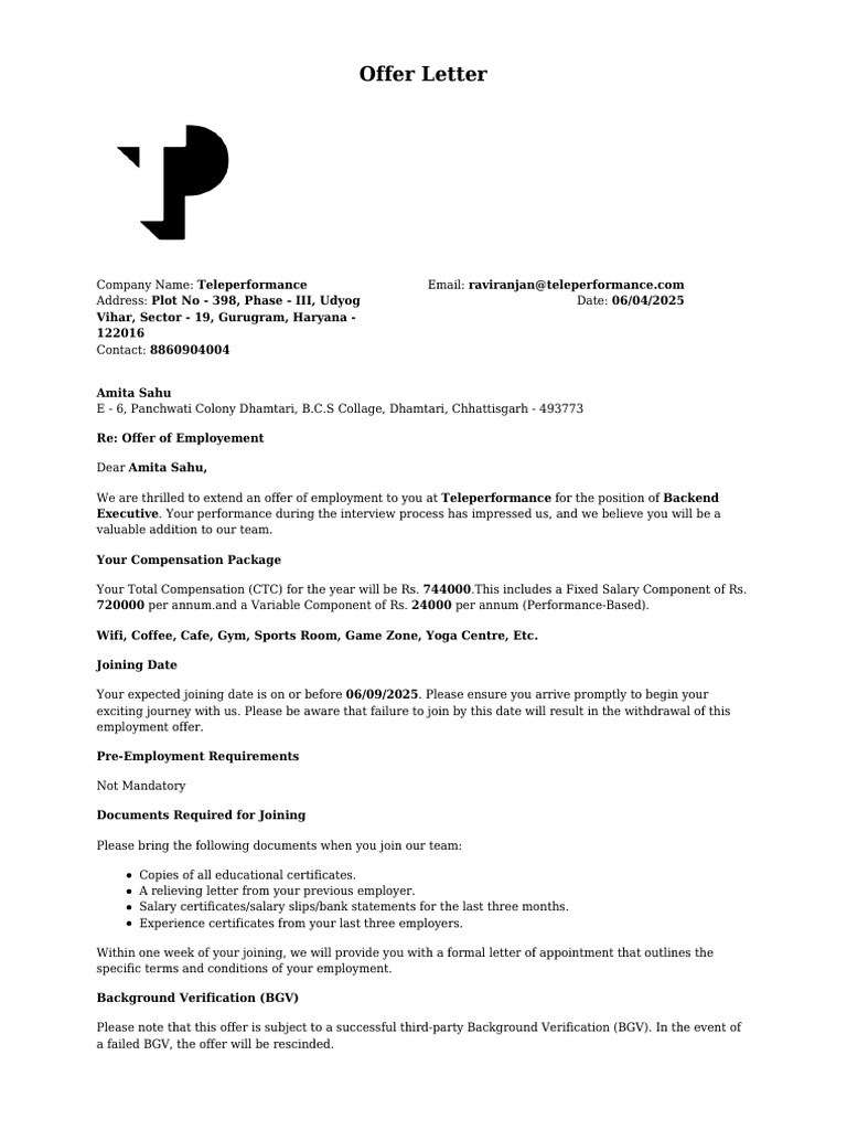 Offer of Employment to Amita Sahu | PDF
