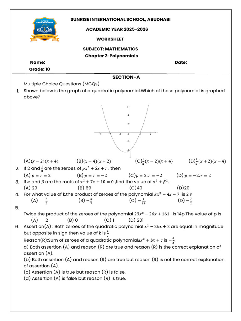 GR 10 Ch.2 Polynomials Worksheet 2025-26 | PDF | Zero Of A Function | Polynomial