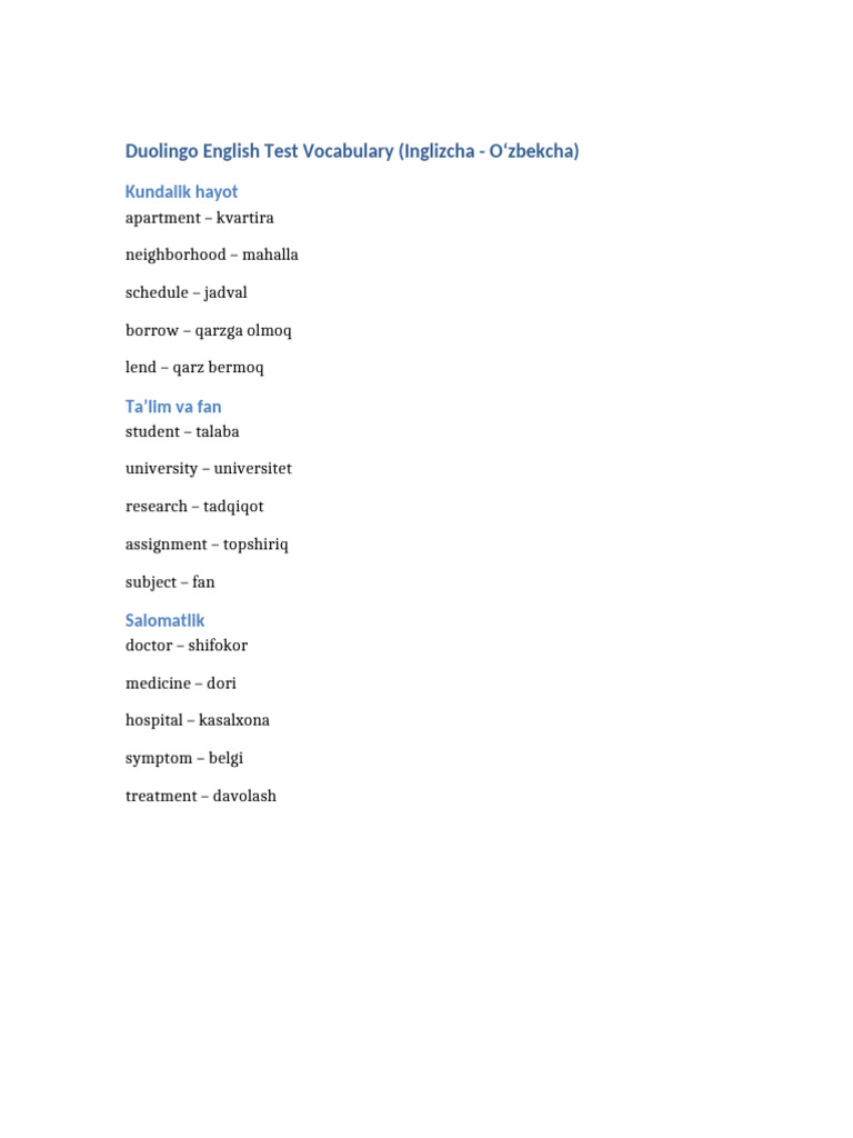 Duolingo Vocab Sample | PDF