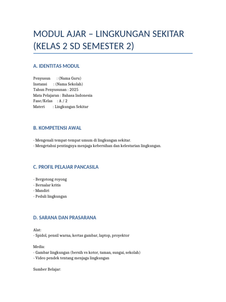 Modul Ajar Lingkungan Sekitar Kelas2 | PDF