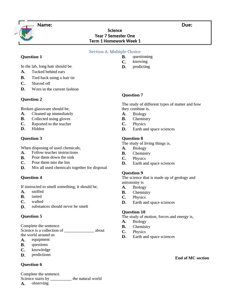 Year 7 Science Homework: Safety & Concepts | PDF | Chemistry | Science