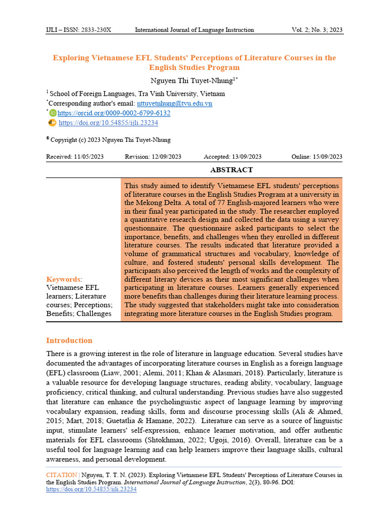 Exploring Vietnamese EFL Students' Perceptions of Literature Courses in ...