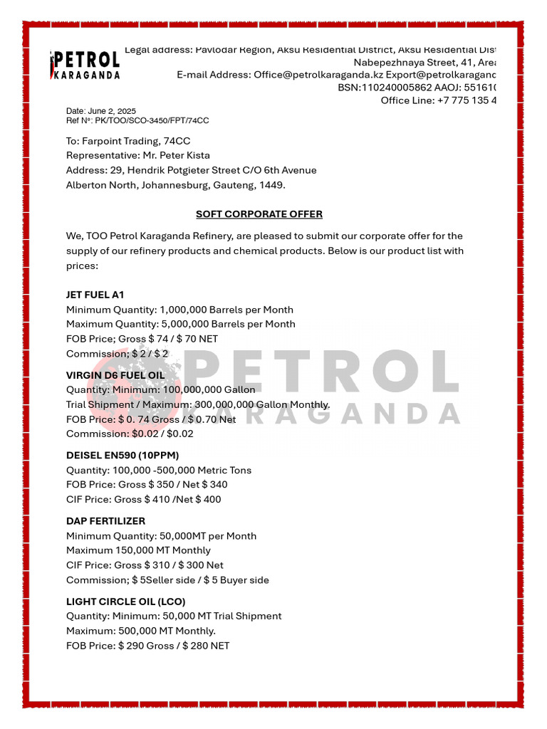 Karaganda Refinery Supply Offer | PDF | Letter Of Credit