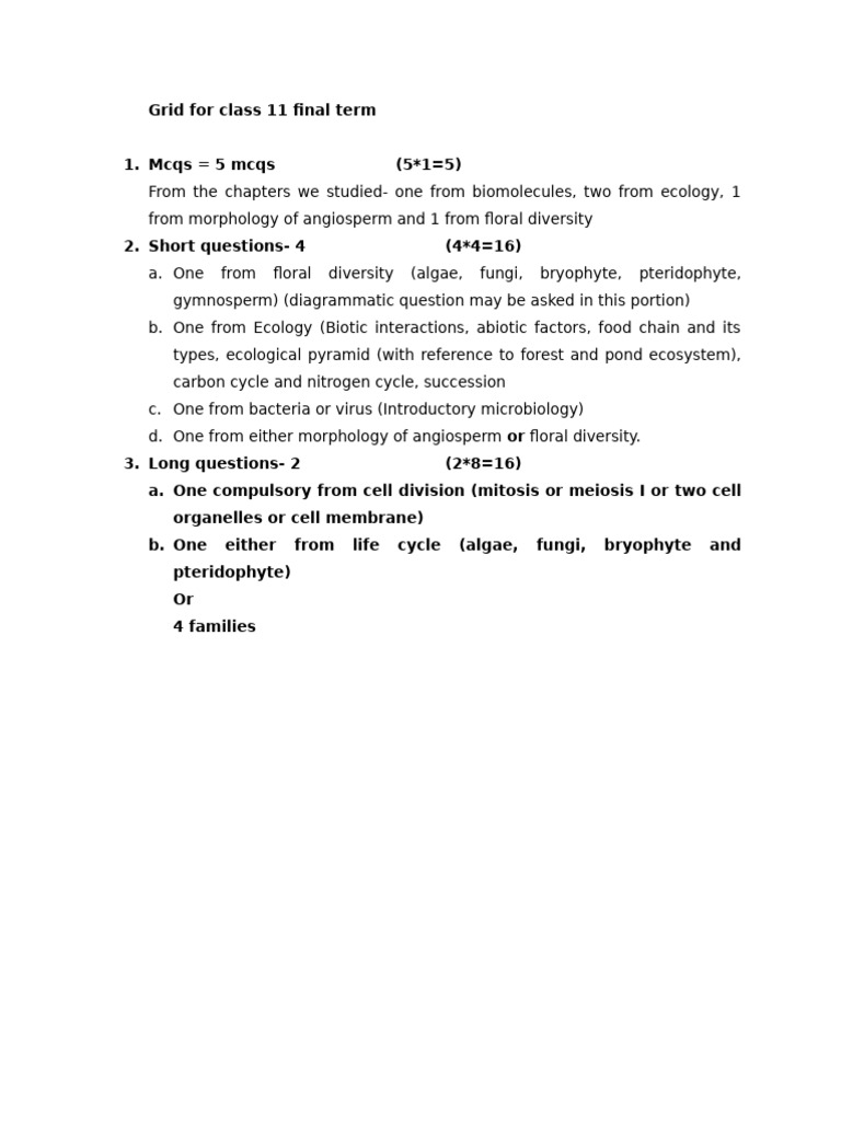 2081 - Grid of Botany For Class 11 Final Term | PDF