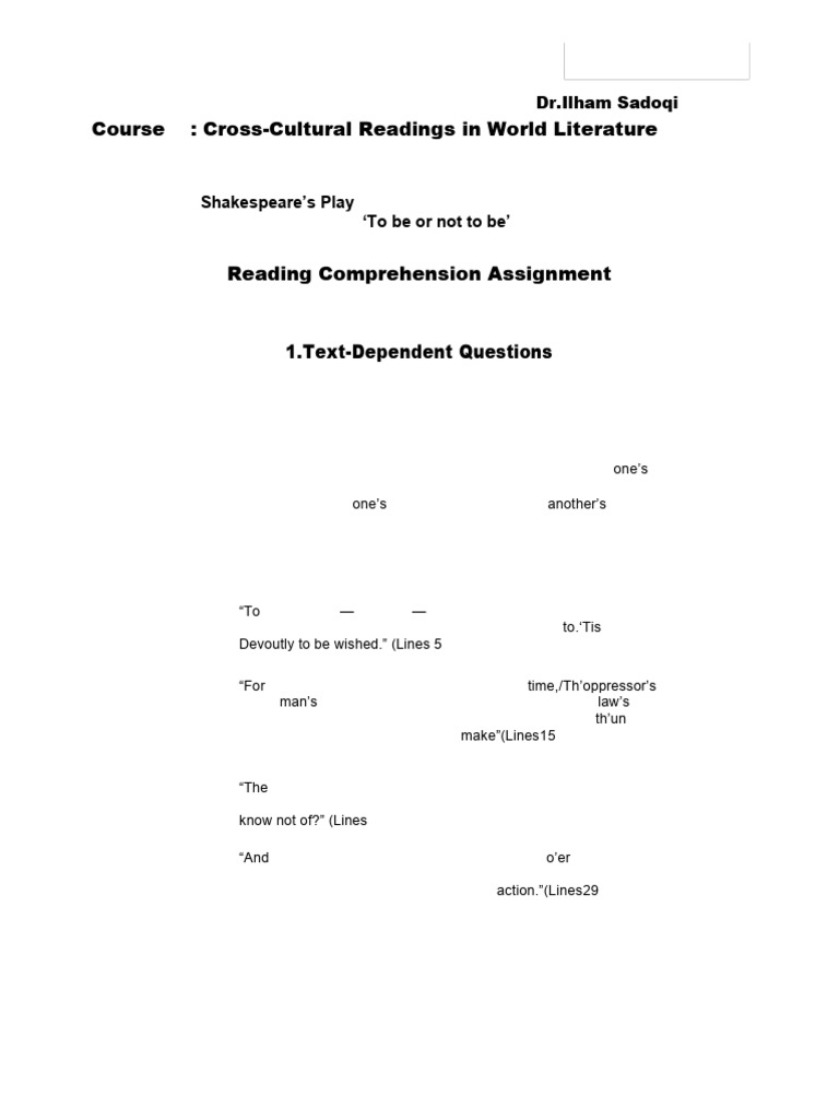 Assignment 7 Hamlet Reading Comprehension | PDF | Hamlet | Shakespearean Tragedies