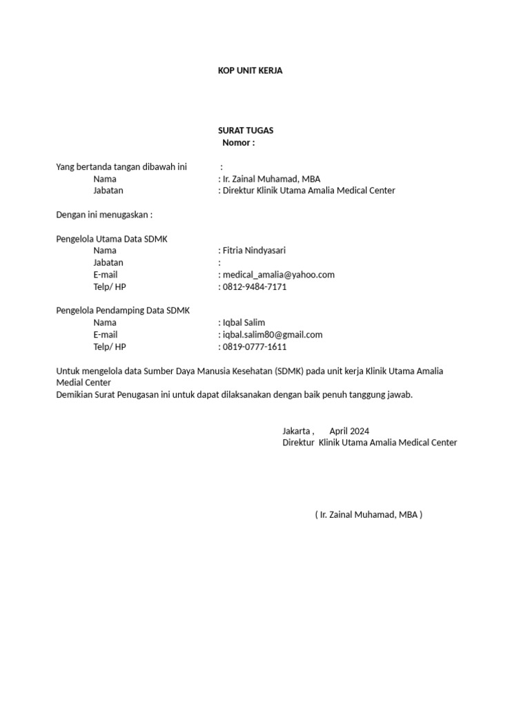 Draf Surat Tugas Pengelola Data SDMK | PDF