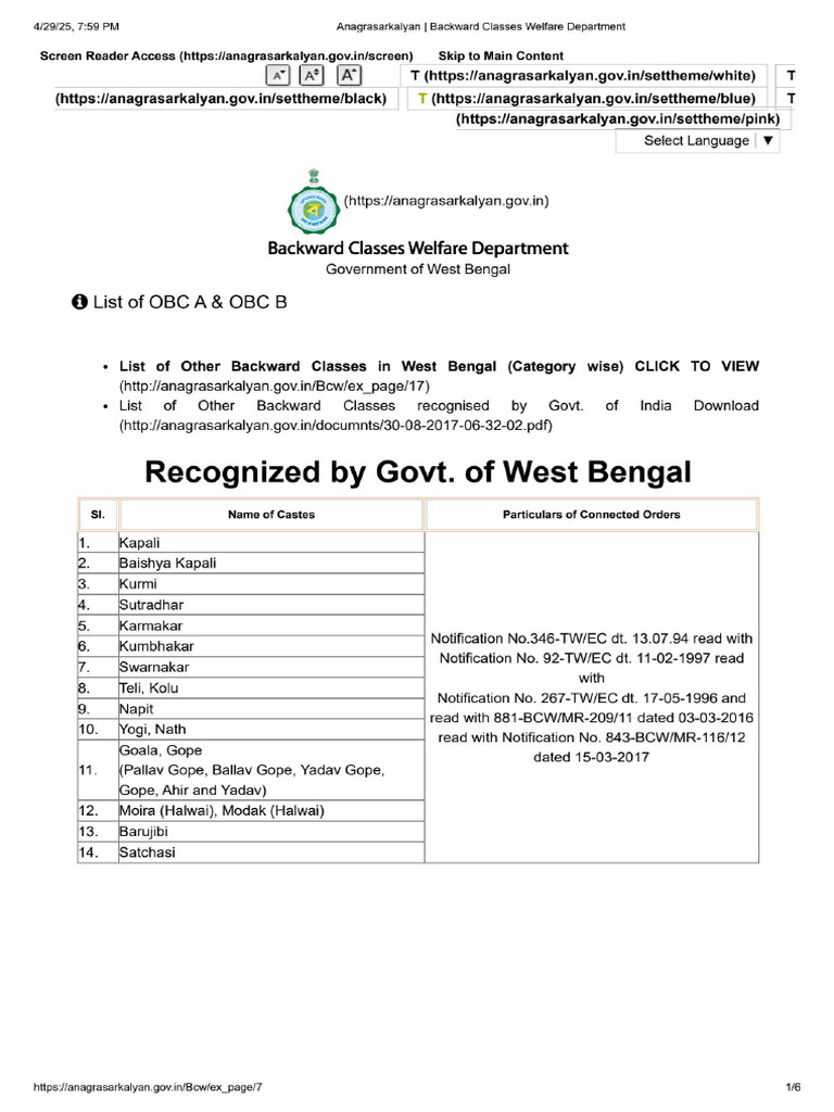 List of OBC A & OBC B. Anagrasarkalyan Backward Classes Welfare Department | PDF