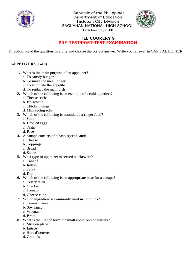 Prepost Test With Answer Key | PDF | Salad | Desserts