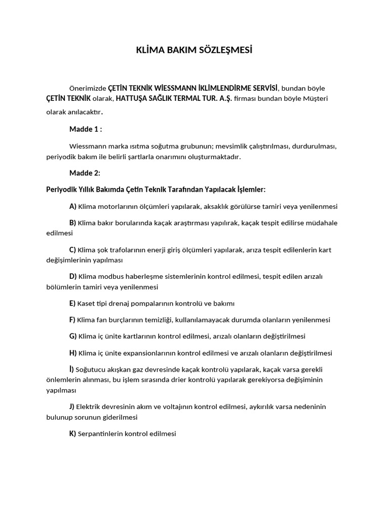 Kli̇ma Bakim Sözleşmesi̇ | PDF