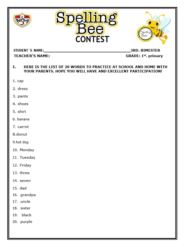 Spellig Bee List-1st. Primary | PDF