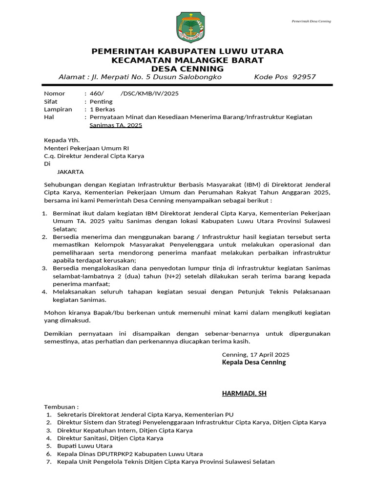 Minat Desa Cenning pada Sanimas 2025 | PDF