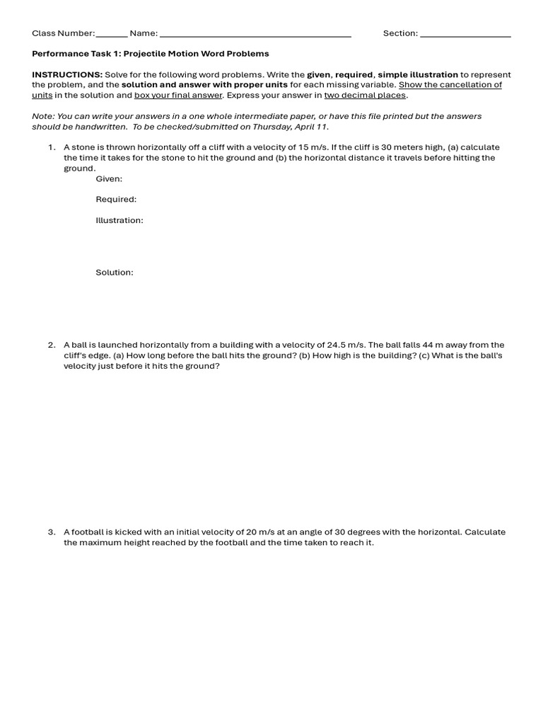 Projectile Motion Word Problems | PDF