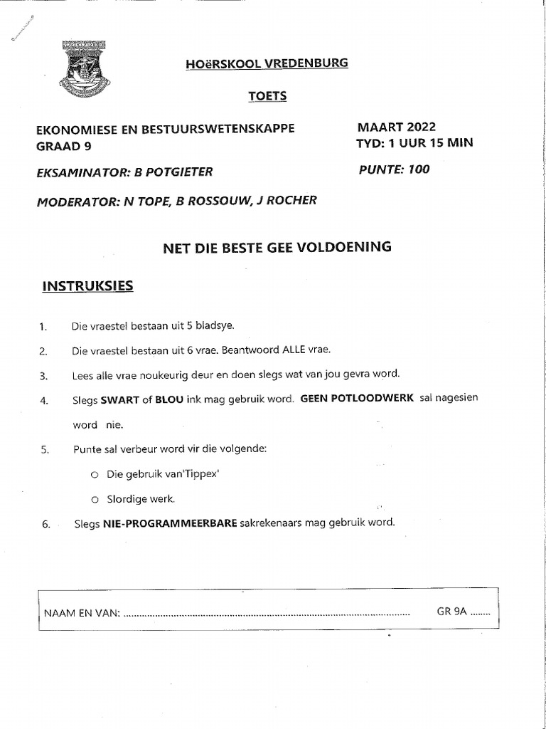 GR.9 EBW Toetse en Antwoordboek | PDF