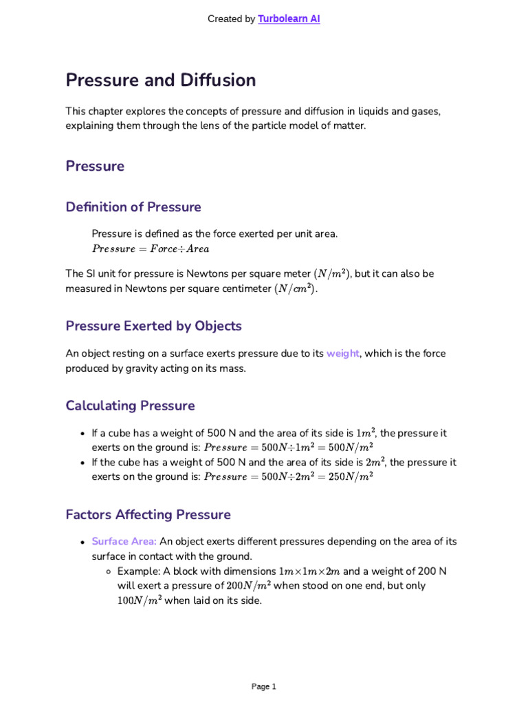 Pressure and Diffusion in Fluids | PDF | Pressure | Weight