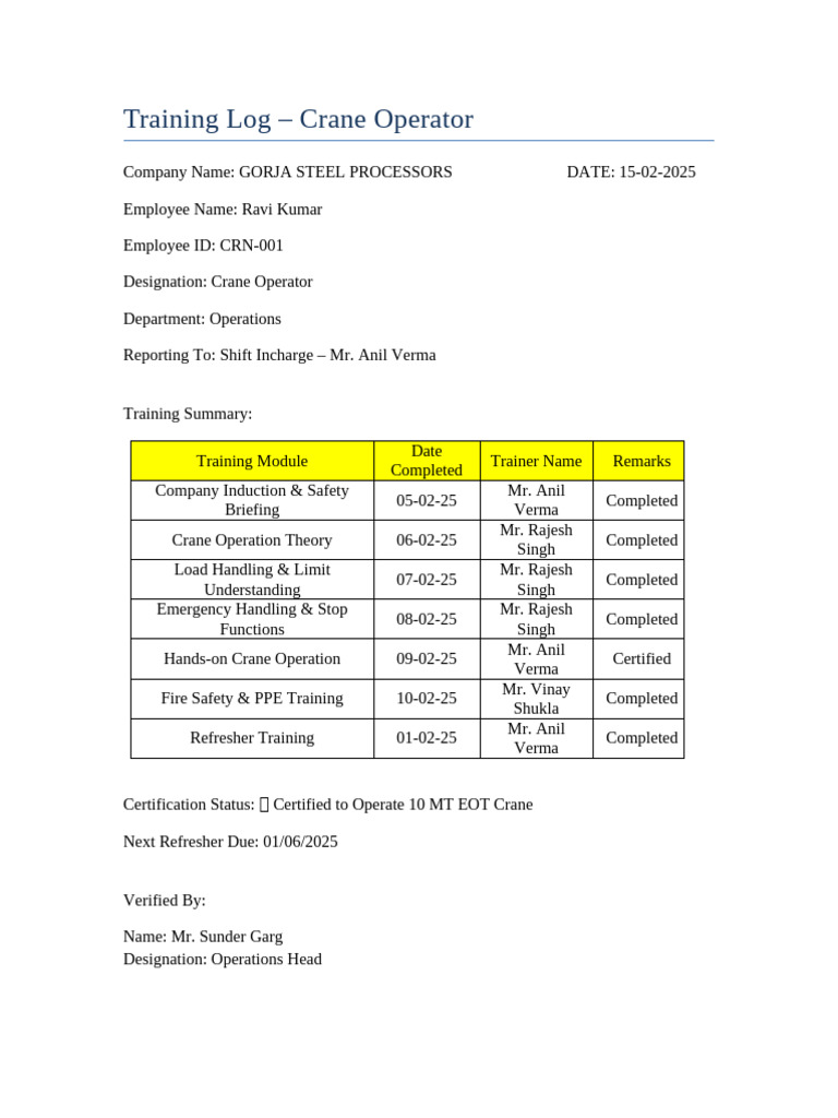 Crane Operator Training Log | PDF