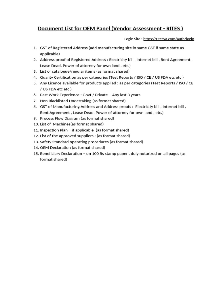 Document List For OEM Panel - RITES | PDF