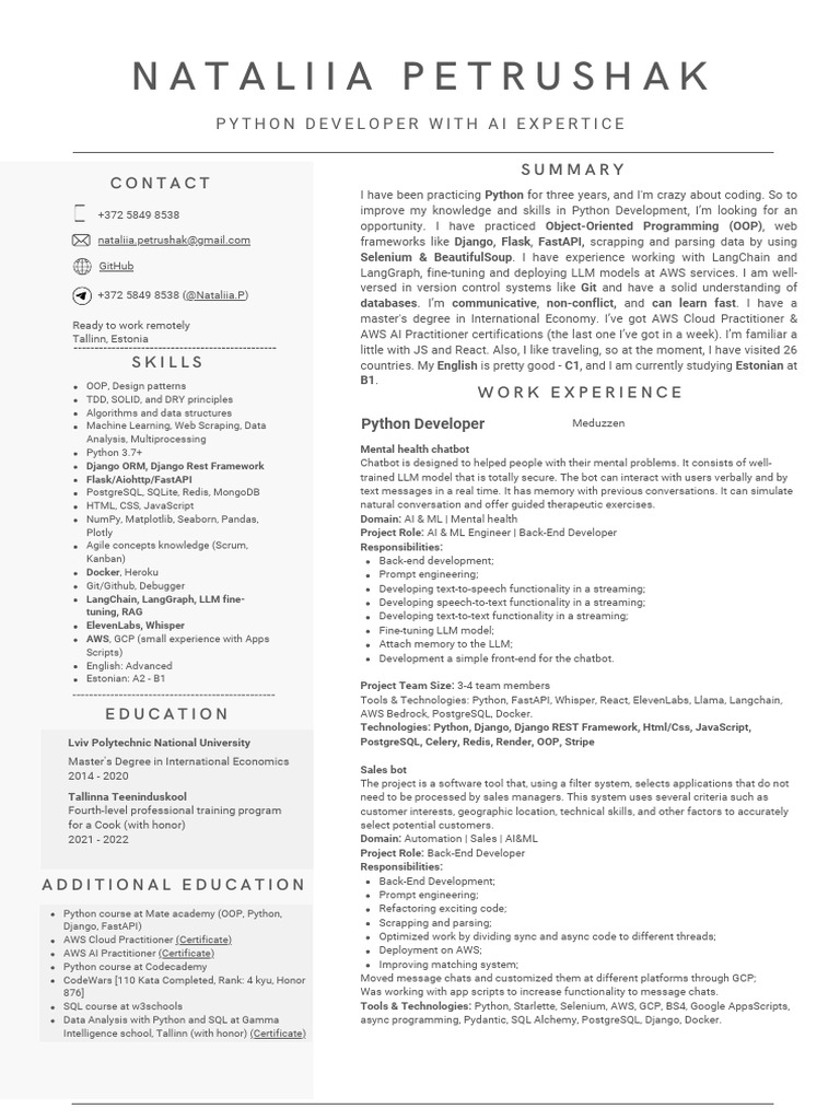 CV Nataliia Petrushak, Python Developer | PDF | Python (Programming ...
