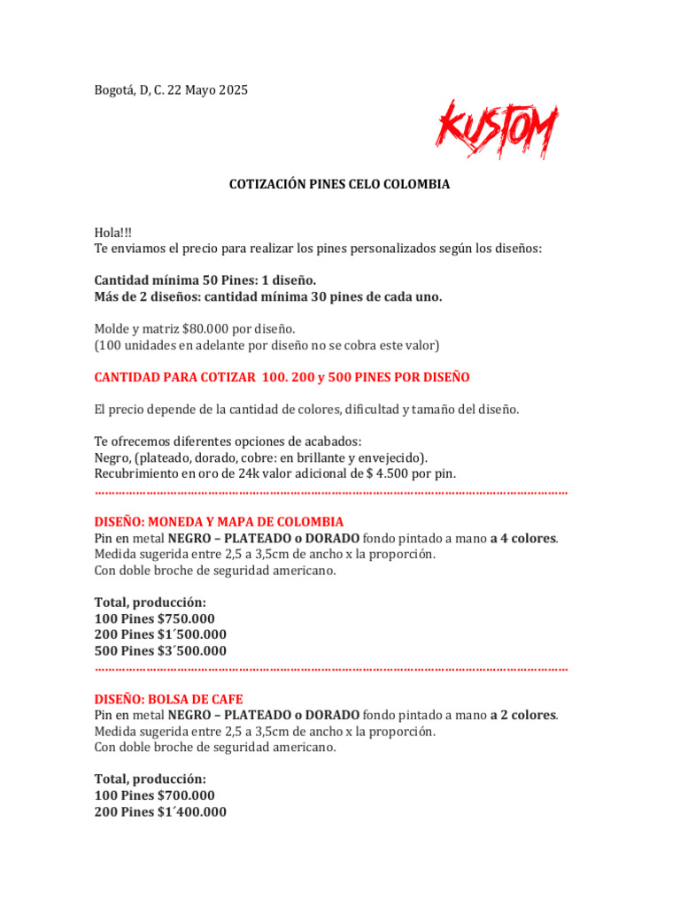 Cotizacion Pines Celo Colombia | PDF